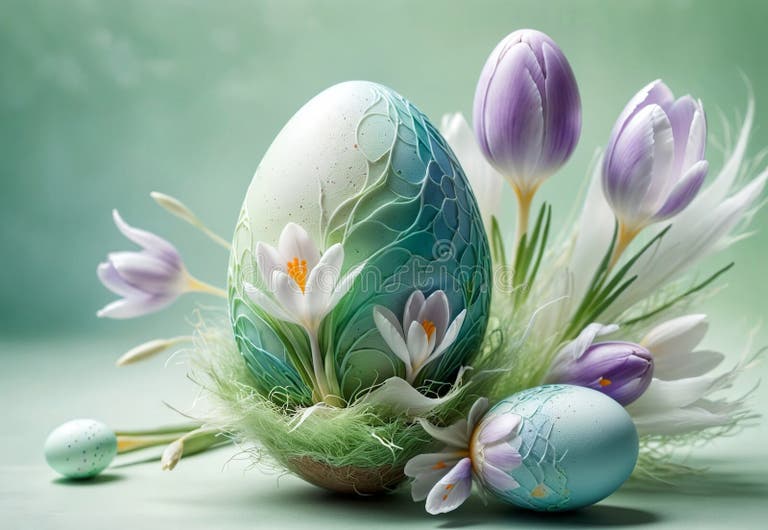 Bright Crocus Buds and Transparent Easter Egg on a Pastel Background ...