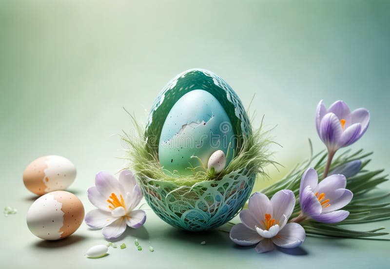 Bright Crocus Buds and Transparent Easter Egg on a Pastel Background ...