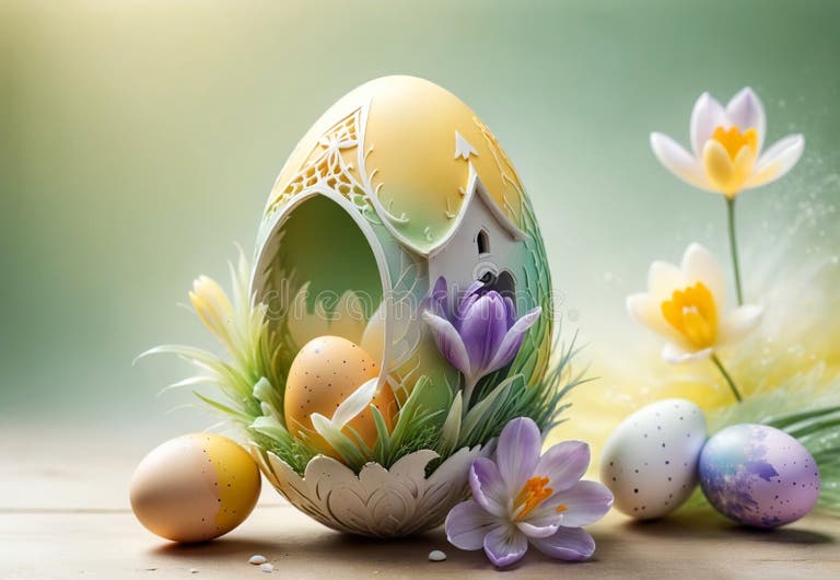 Bright Crocus Buds and Transparent Easter Egg on a Pastel Background ...