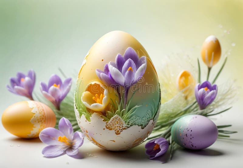 Bright Crocus Buds and Transparent Easter Egg on a Pastel Background ...