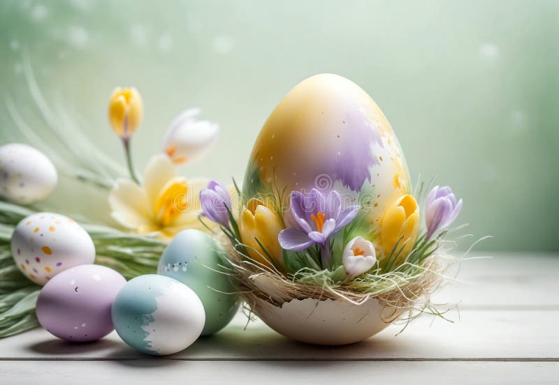Bright Crocus Buds and Transparent Easter Egg on a Pastel Background ...