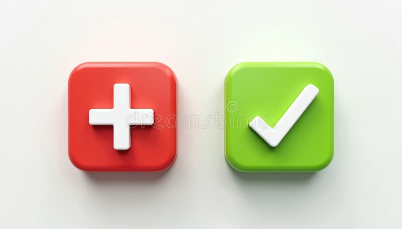 Bright 3D Plus and Check Mark Icons in Red and Green. Minimalistic ...