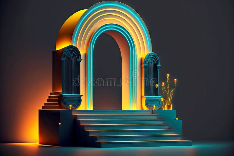 Bright 3d Render Neon Illuminated Arch with Podium and Steps Stock ...