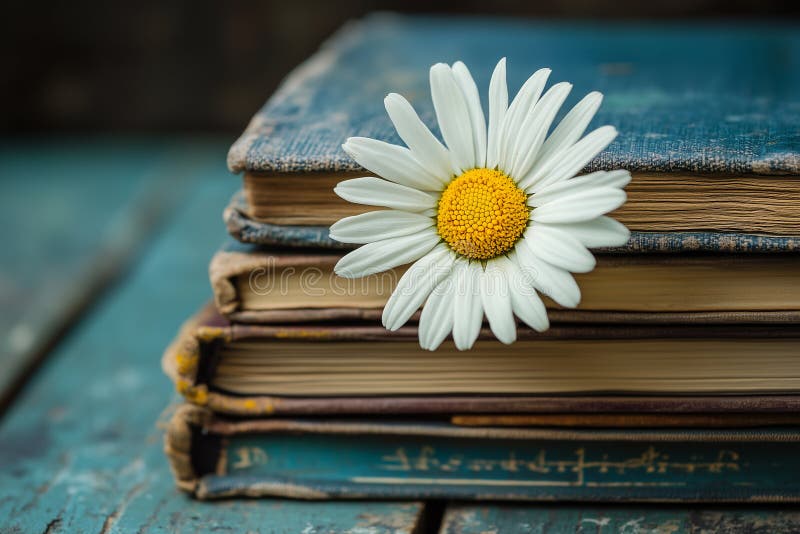Bright Daisy on Old Books Creating a Serene Study Atmosphere in a Cozy ...
