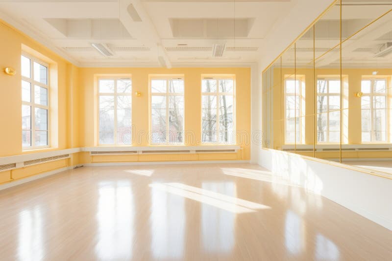 Bright Dance Hall with Windows. Class with a Bar for Ballet Lessons and ...