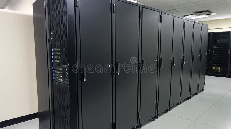A Row of Black Server Racks in a Brightly Lit Data Center on a White ...