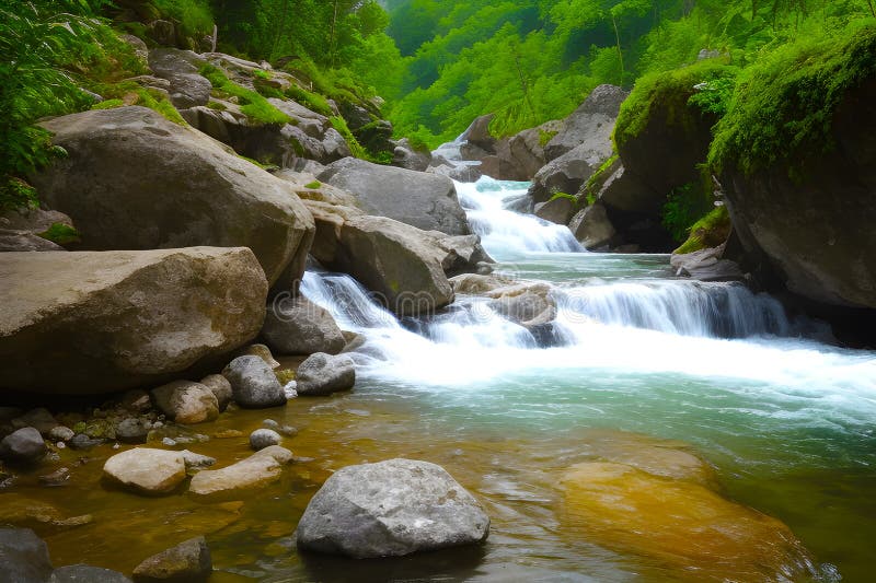 A Bright Day Open View Stream and Waterfall on Rocks Stock Illustration ...