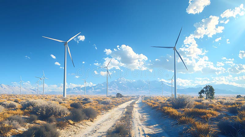 Bright Daylight Scene of Wind Turbines in Desert Landscape with ...