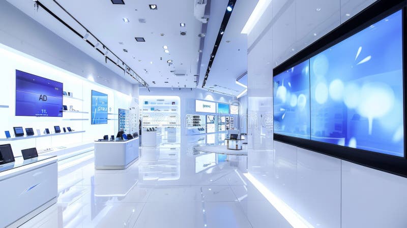 Bright Daytime Interior of Modern Electronics Store with Large Displays ...