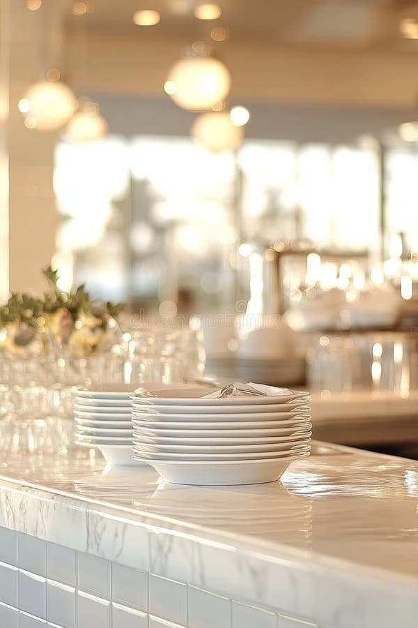 Bright, Defocused Restaurant Interior with Blurred Bar Area and Stack ...