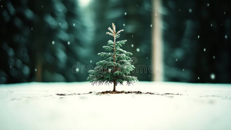 A Small Pine Tree Stands Alone in the Snow, with Soft Falling ...