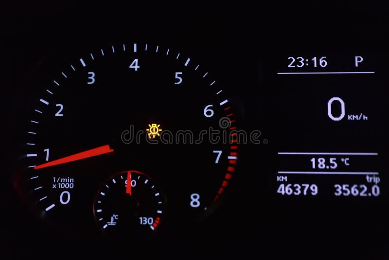 Car Speedometer with Bright Orange Illuminated Dials Inset in Da Stock ...