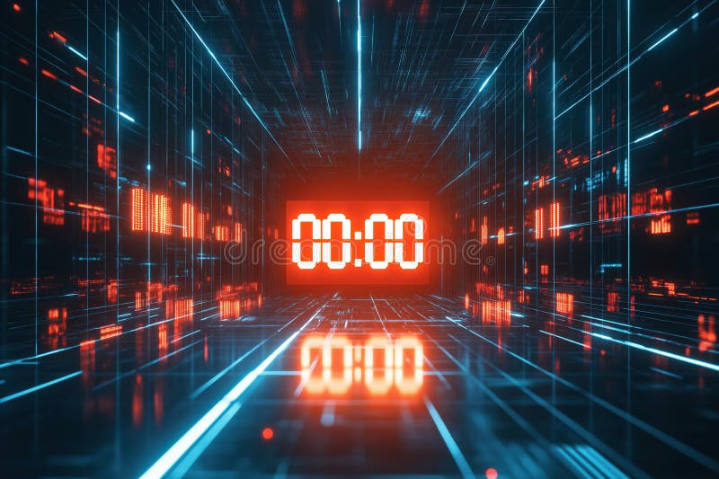 Digital Countdown Timer Displaying Zero in a Futuristic Neon Corridor ...