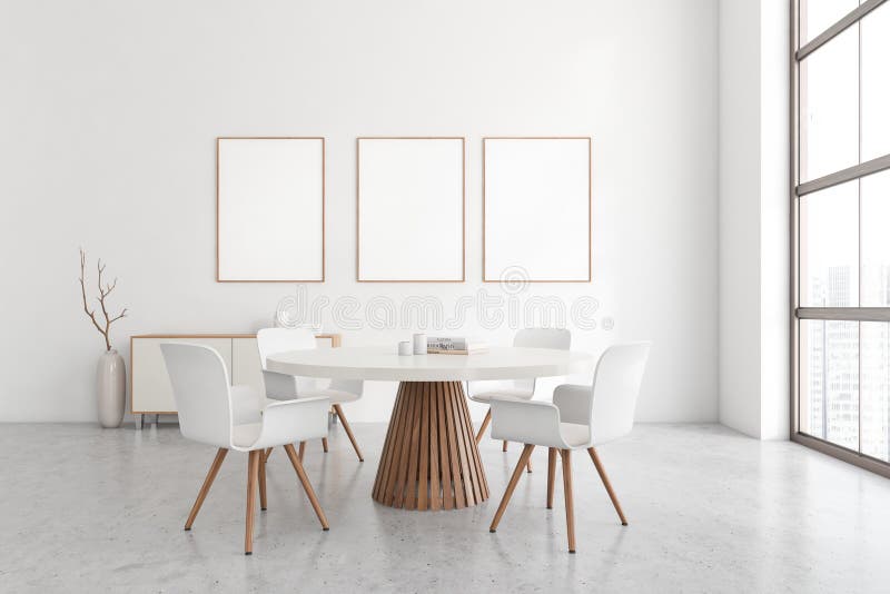 Bright Dining Room Interior with Table, Three Empty White Posters Stock ...