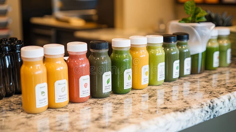 A Bright Display of Healthy Smoothie Bottles Arranged on a Marble ...