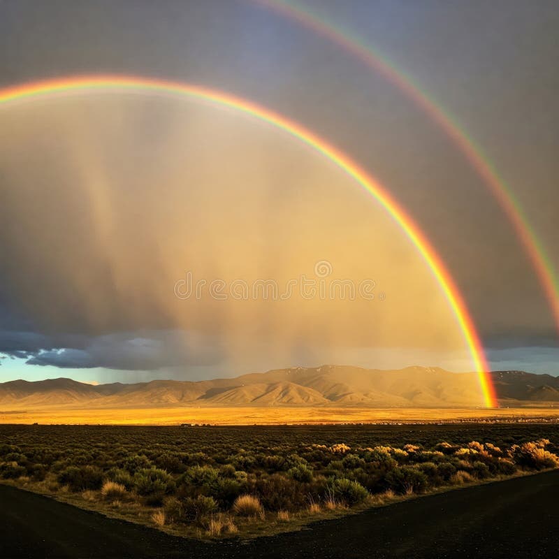 Bright Double Rainbow Over Valley Sunset Stock Photos - Free & Royalty ...
