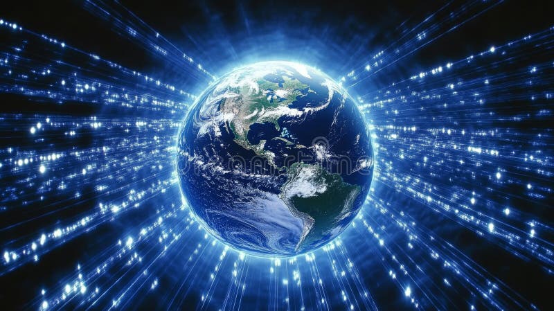 Bright Earth with Light Rays in Digital Space Stock Photo - Image of ...