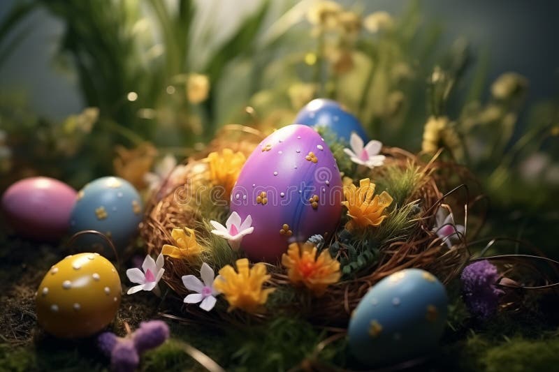 Happy Easter. Congratulatory Easter Background. Easter Eggs and Flowers ...