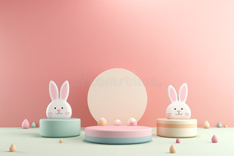 Happy Easter Banner Design 3d Eggswith Bunny Ears on Cylinder Podiums ...