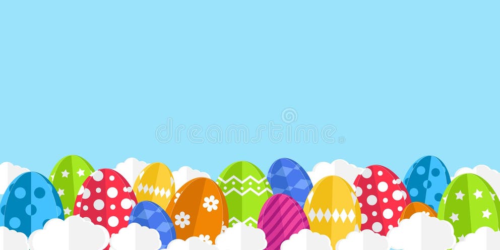 Bright Easter Border with Colorful Paper Cut Eggs and Clouds. Easter ...
