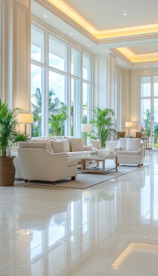 Bright, Elegant Hotel Lobby Interior with Large Windows, White Sofas ...