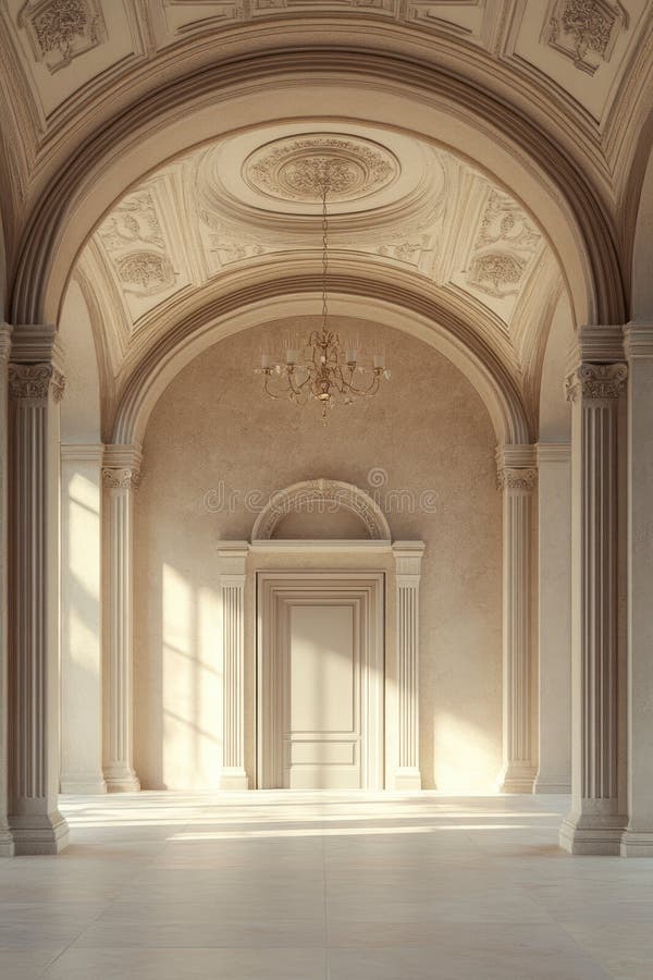 Elegant Interior with Arches Columns and Ornate Ceiling in Beige Tones ...
