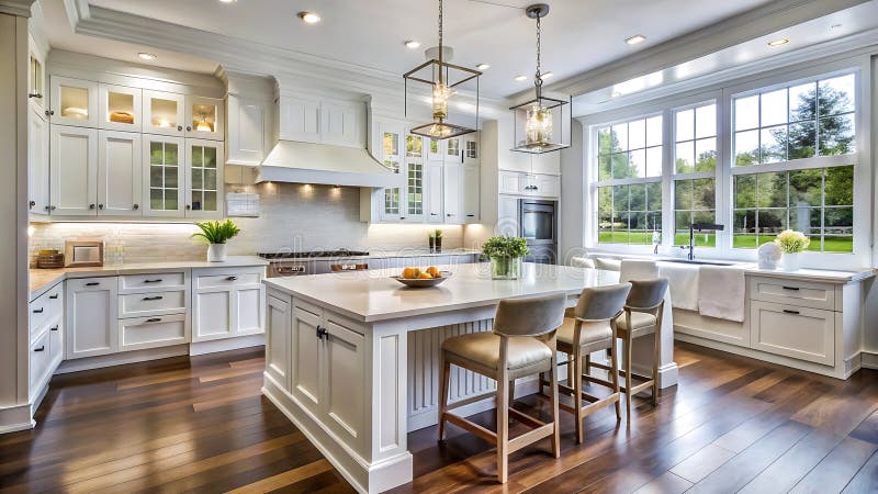 A Bright and Elegant Kitchen with a Large Island and Window Overlooking ...