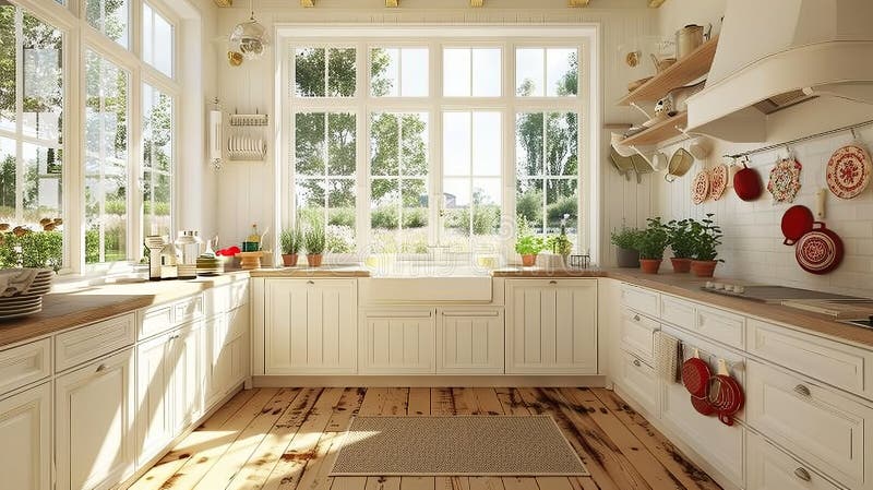 Bright and Elegant White Kitchen with Large Windows and Rustic Decor ...