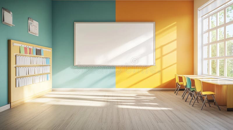 Bright Elementary Classroom with Colorful Walls, Whiteboard, and ...