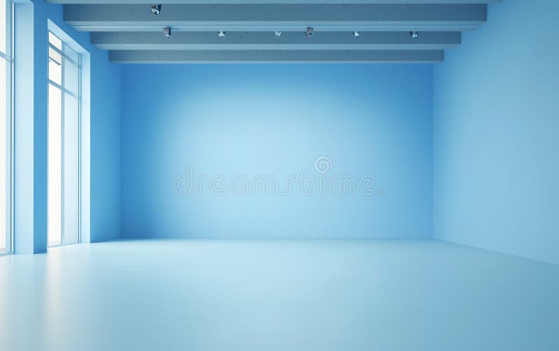 Bright, Empty Blue Room with Large Windows and Sleek Flooring Inviting ...