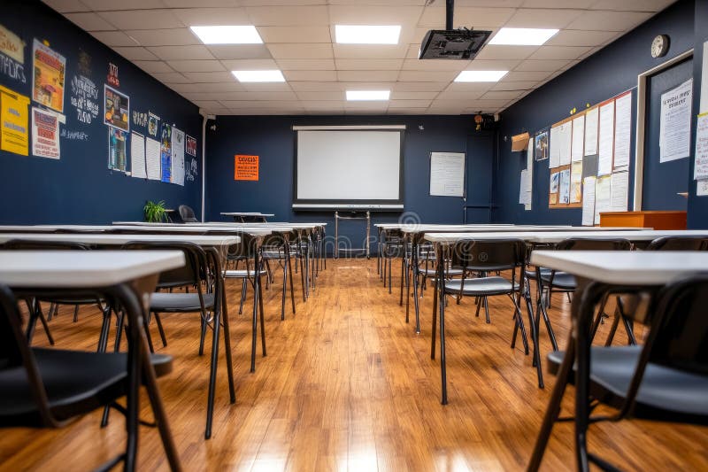 Bright Empty Classroom with Projector Screen and Desks Ready for ...