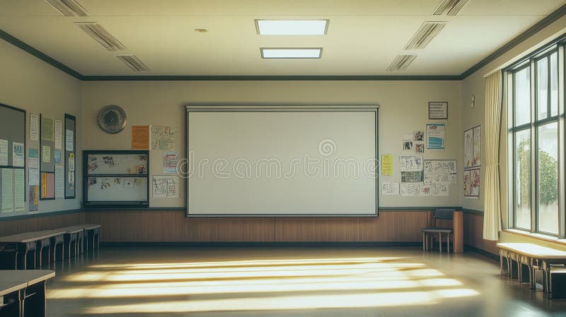 A Bright, Empty Classroom with a Projector Screen and Educational ...