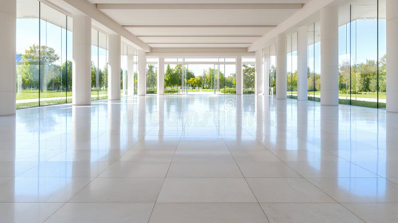 Bright Empty Hallway with Large Windows and Polished Tile Floor Stock ...