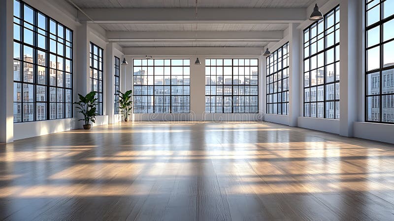 Bright Empty Loft Space with Hardwood Floors and Large Windows ...
