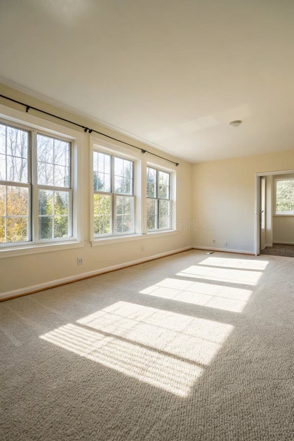 Bright Empty Room with Carpet and Windows Stock Image - Image of floor ...
