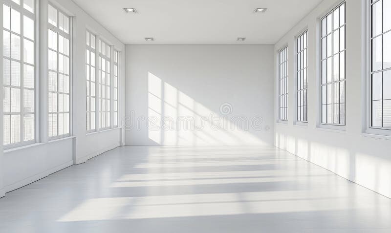 Bright Empty Room with Large Windows and Sunlight Stock Photo - Image ...