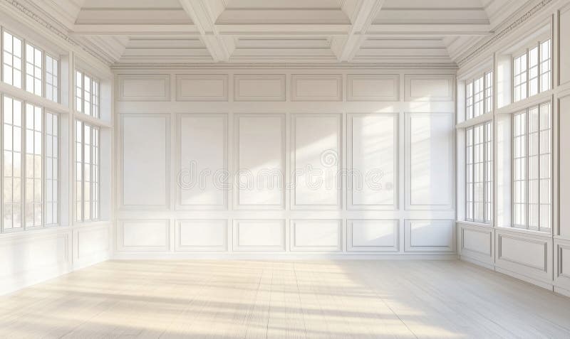 Bright Empty Room with Large Windows and White Paneling, Spacious ...