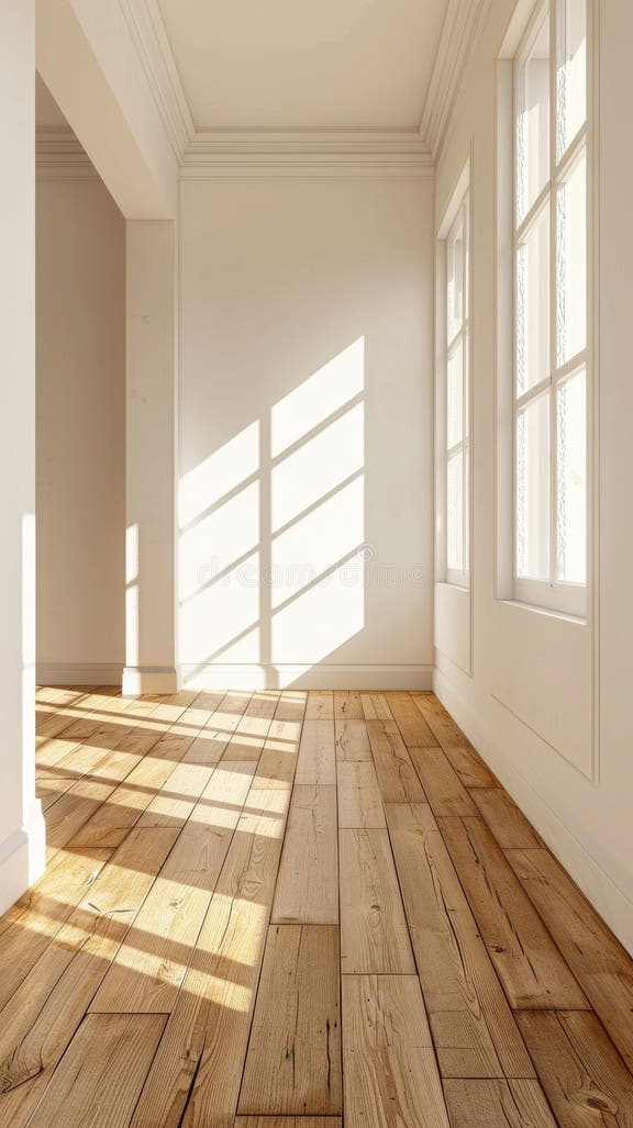 Bright Empty Room with Wooden Floor and Sunlight Streaming through ...
