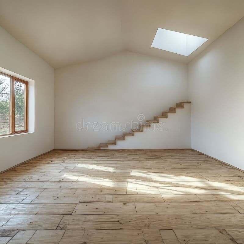 Bright, Empty Room with Wooden Floors, High Ceilings, and Skylight ...