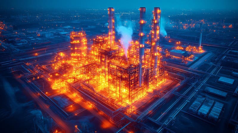 Bright Energy Generation Facility at Twilight with Vibrant Flames and ...