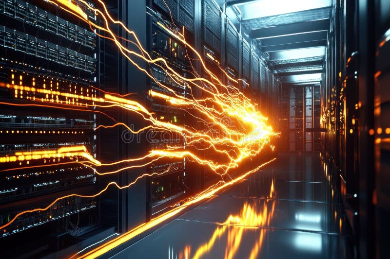 Data Center with Glowing Energy Currents Flowing through Server Racks ...