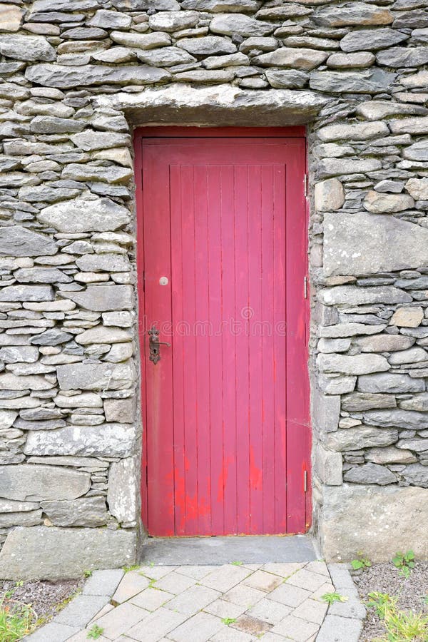 Bright Entry Red Door of Old Stone Building Stock Image - Image of ...