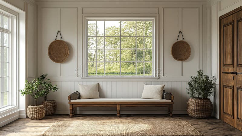 Bright Entryway with Bench, Window, Plants, and Woven Wall Decor Stock ...