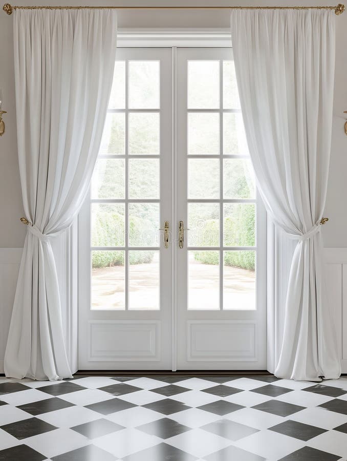Modern Entryway with White Curtains Stock Image - Image of design ...