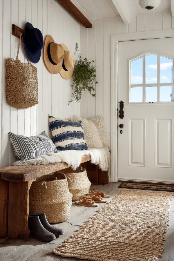 Bright Entryway with Wooden Bench and Coastal Decor Stock Illustration ...