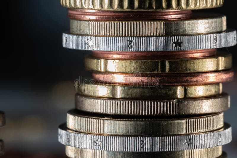 Bright Euro Coins Stacked. Gold, Silver and Copper Coins Stock Photo ...