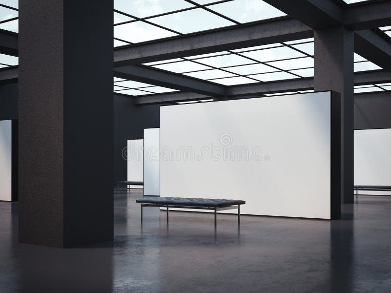 Bright Exhibition Hall with Walls and Large Windows in the Ceiling. 3d ...