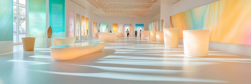 Bright Exhibition Hall Featuring Pastel-colored Art Installations ...