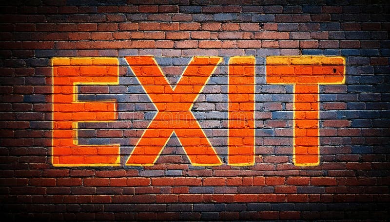 Bright Exit Sign Painted on a Brick Wall in Urban Environment at Night ...