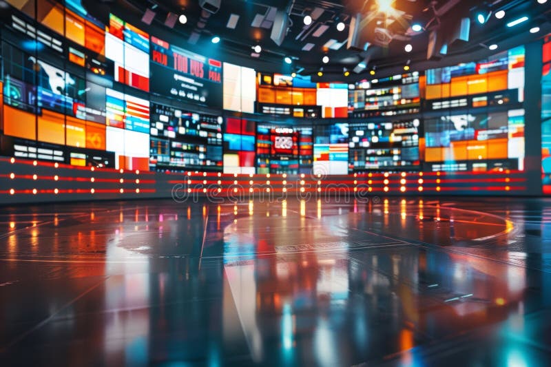 Expansive TV News Studio with Multiple Screens Showcasing Diverse News ...